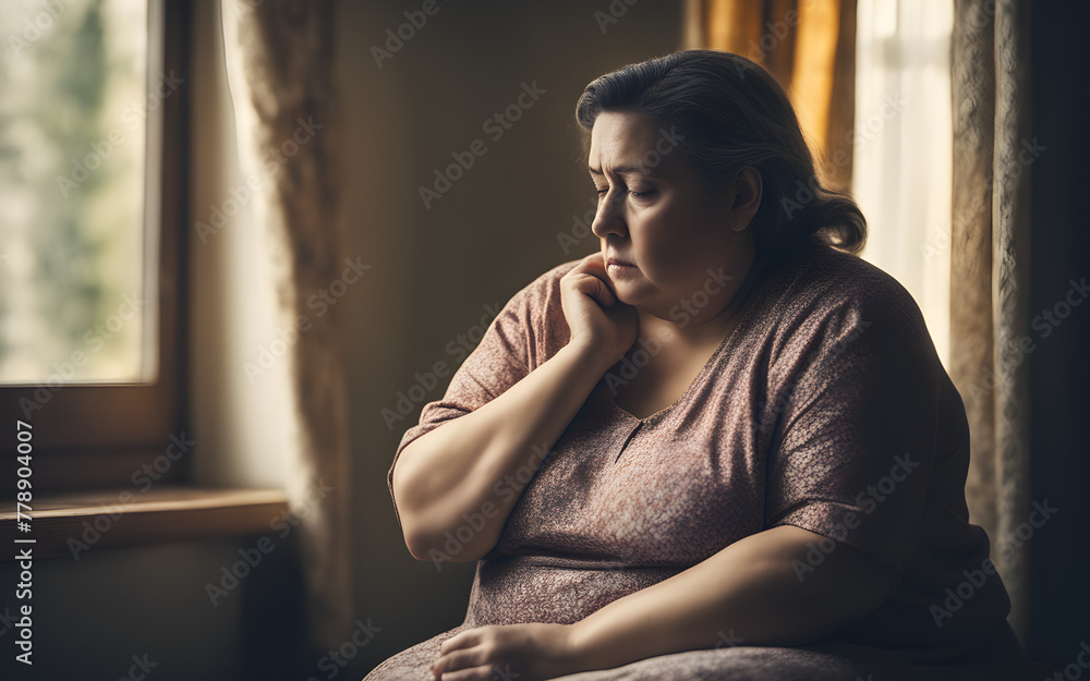 Mid aged lonely overweight woman feeling depressed and stressed sitting ...