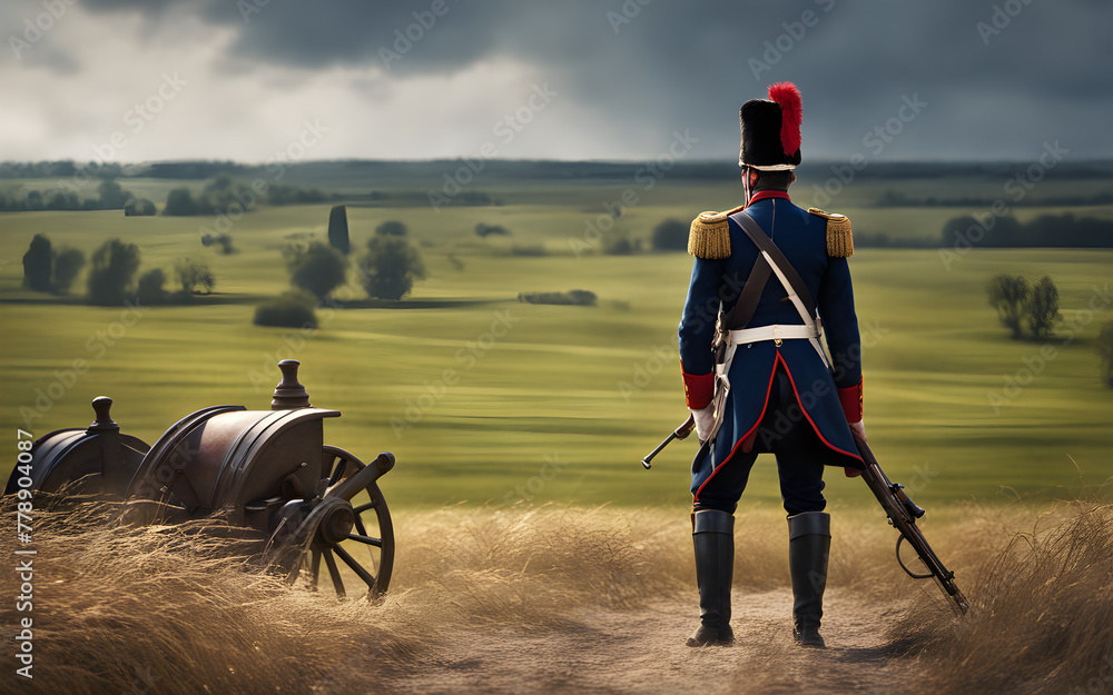 Napoleonian soldier with his rifle and uniform against the plains of ...