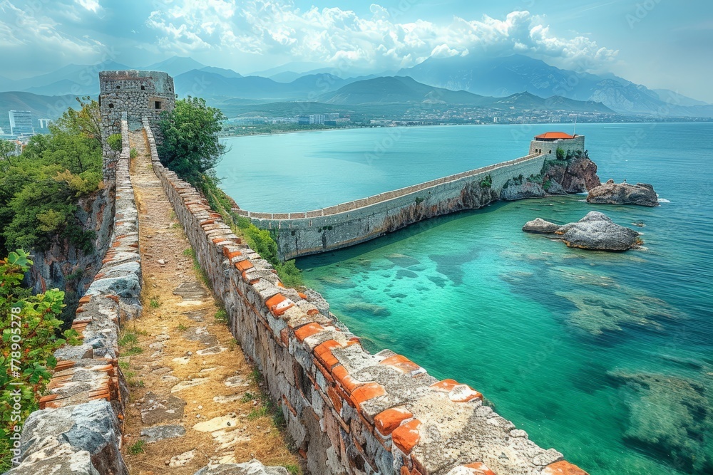 An impressive sea fort structure built on an island against a backdrop ...