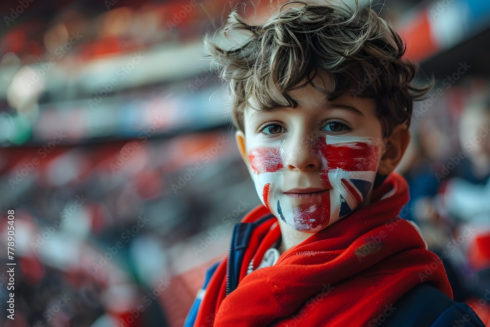 child boy soccer fun with painted face of flag England in football ...