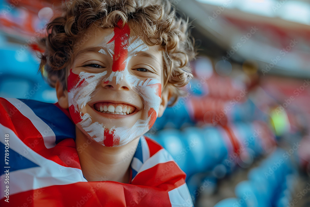 child boy soccer fun with painted face of flag England in football ...