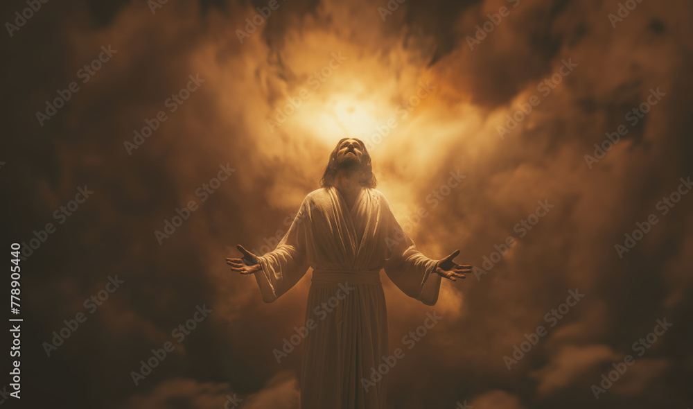 Jesus Christ with his arms opened and looking up. Salvation concept ...