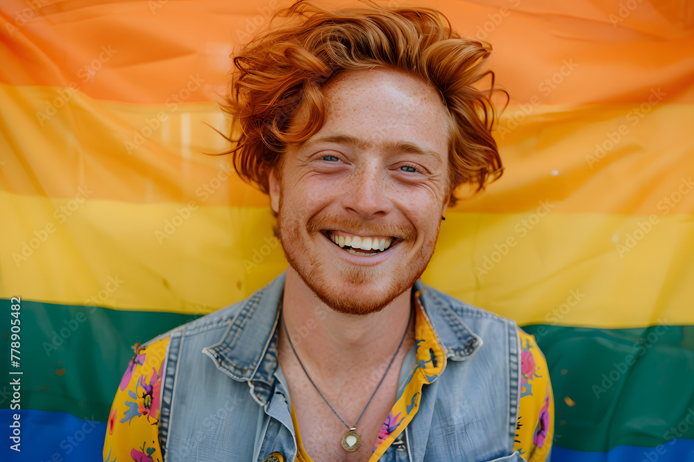 Portrait of red haired non binary man with rainbow flag smiling and ...