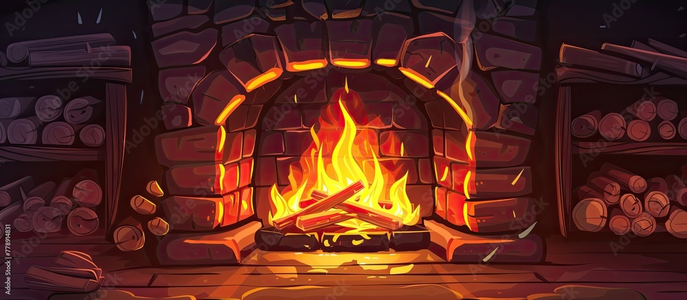 A lively cartoon fire is crackling brightly within a fireplace among ...