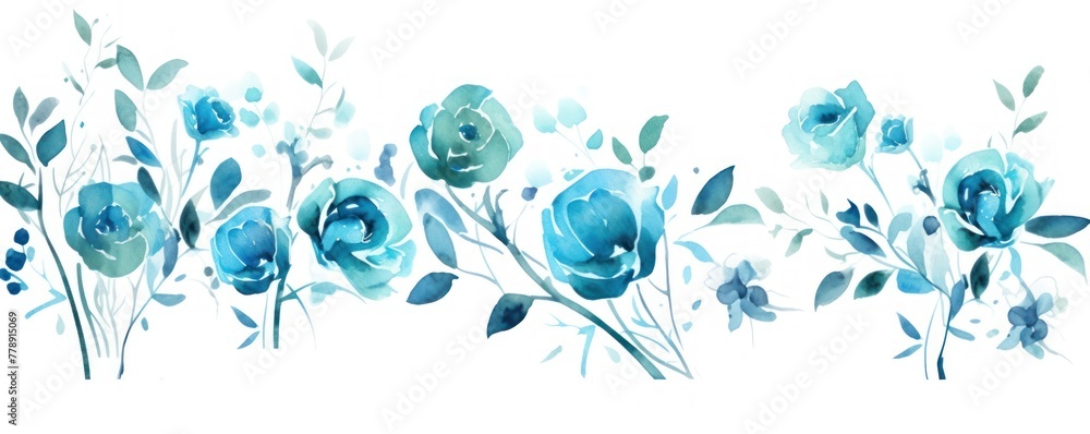 Cyan roses watercolor clipart on white background, defined edges floral ...