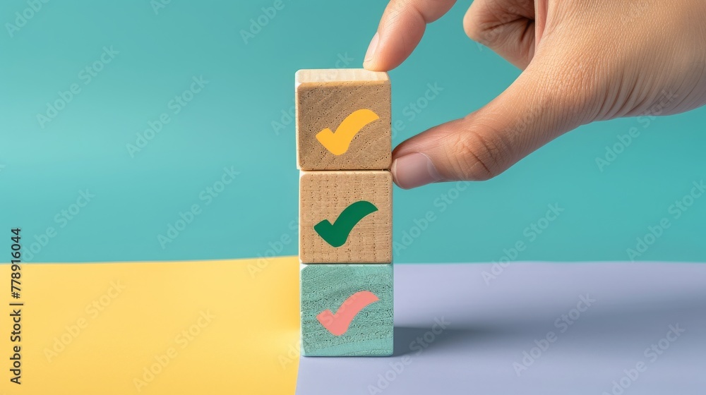 Hand holding wooden block with tick marks, good feedback rating and ...