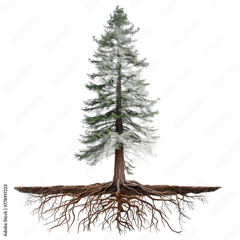Isolated redwood tree with visible roots. Iconic symbol of strength and ...