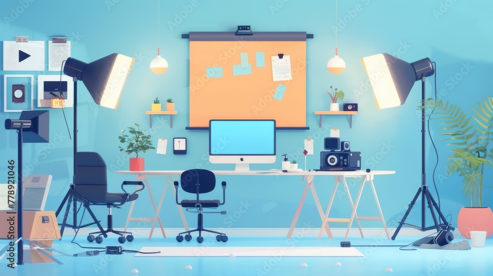 Realistic portrayal of a video production setup where a content creator ...