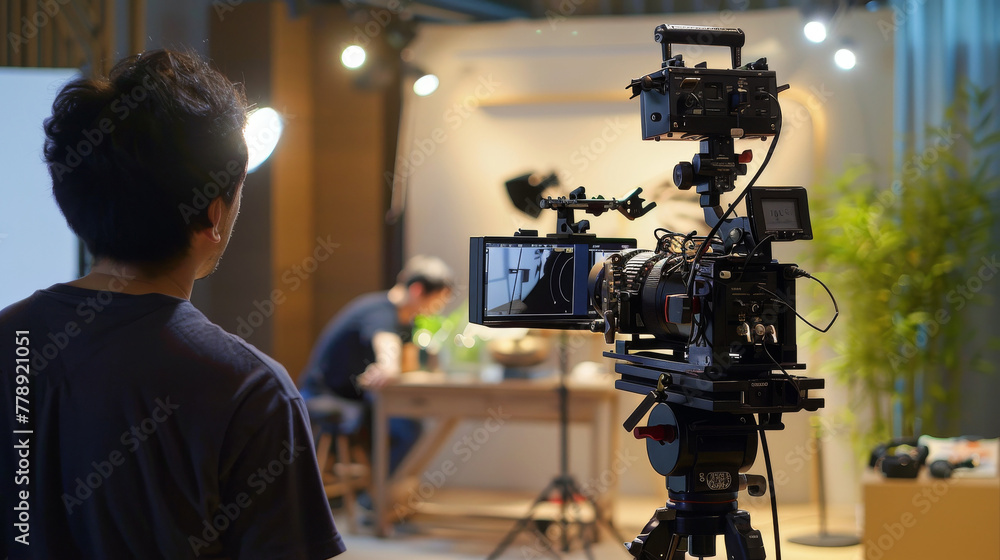 Realistic portrayal of a video production setup where a content creator ...