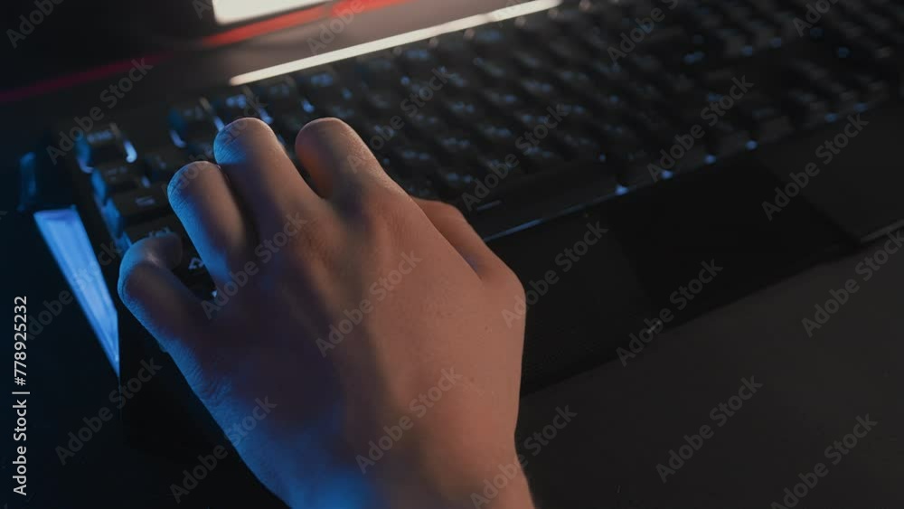 Fingers press WASD keys on gaming RGB keyboard. Cyber sport tournament ...