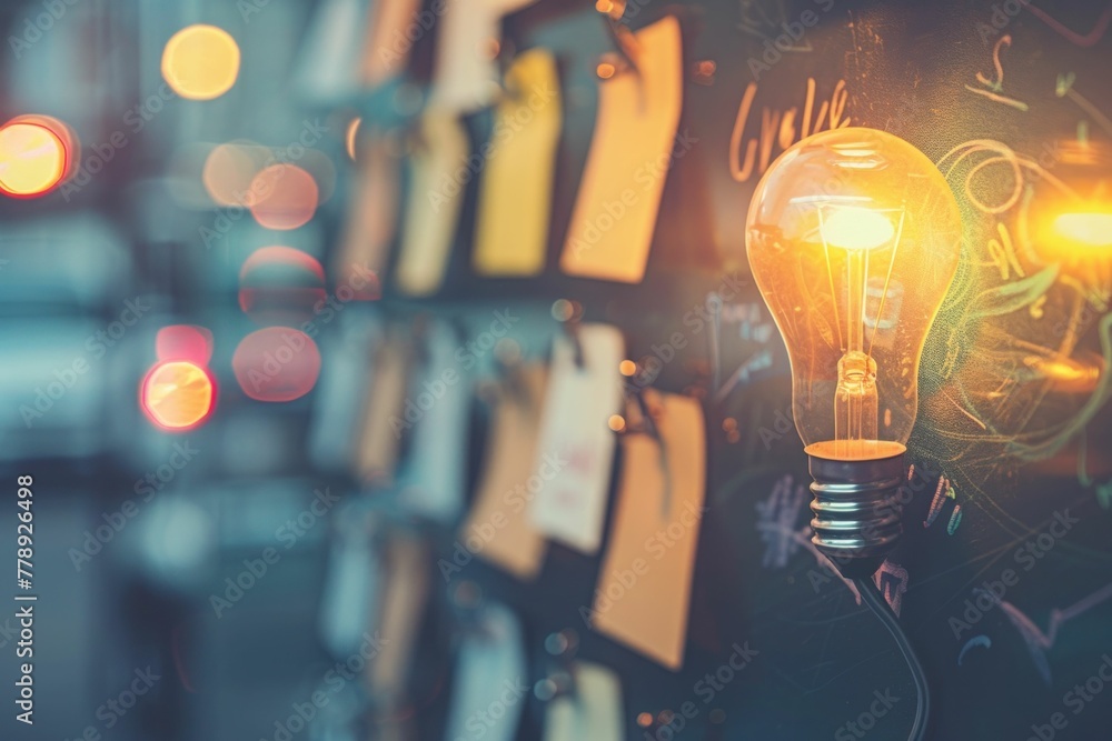 Innovative concept with light bulb on wall covered with notes and ...