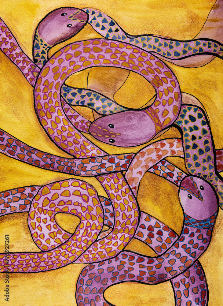 Snake nest on golden background abstraction. The dabbing technique near ...