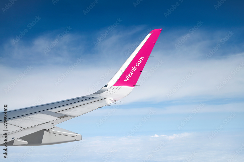 DUBAI - MAR 28: Winglet of Airbus A321 with Wizz Air airline logotype ...