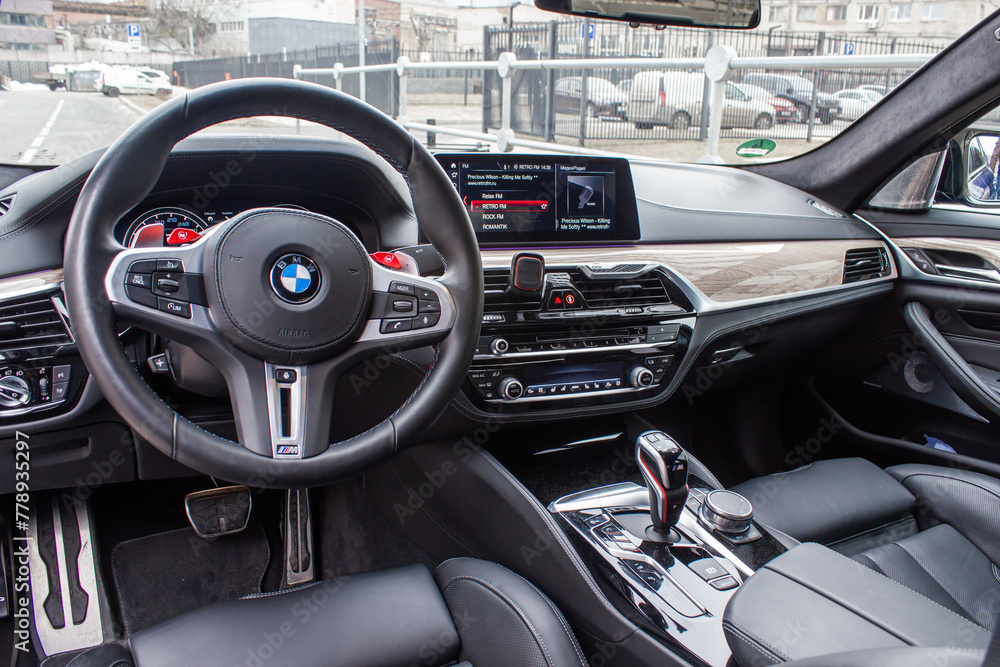 interior of a car BMW M5 2023 F90 Blue detail logo Stock Photo | Adobe ...