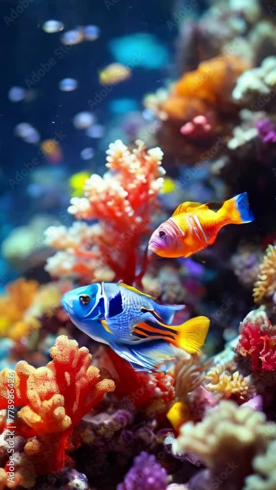 Colorful tropical fish in ocean waters with coral reefs. Marine life in ...