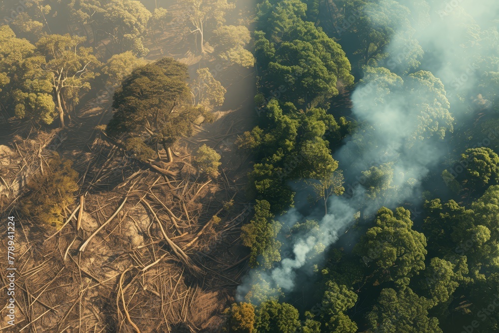 A split photo showing the contrast between a lush forest on one side ...