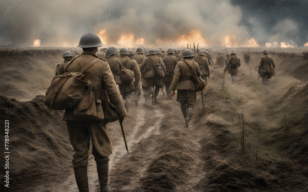 Rear view of 1917 French soldiers crossing the no man's land between trenches during ww1, under ...