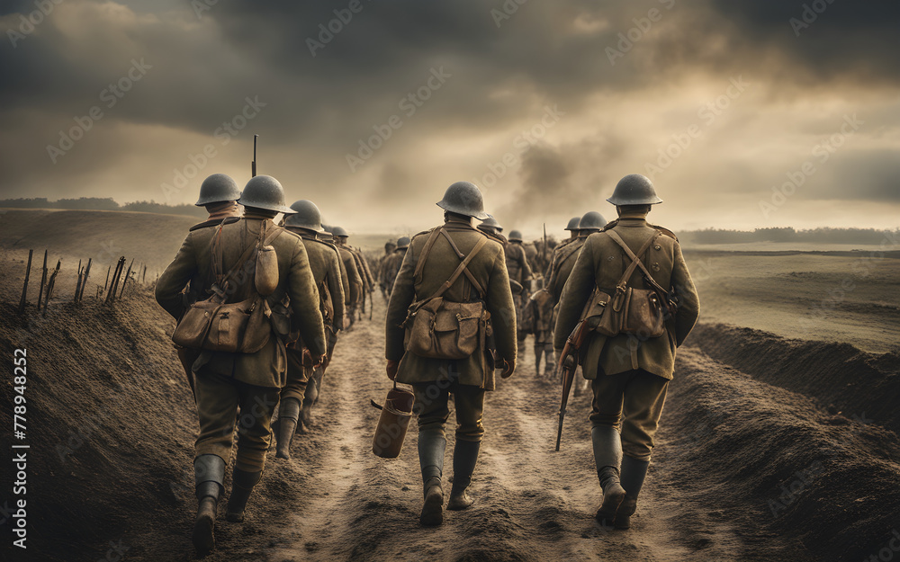 Rear view of 1917 French soldiers crossing the no man's land between ...