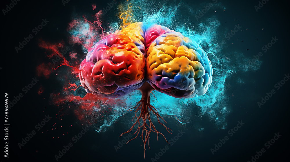 An abstract a colorful brain with colourful dust in the center, in the ...