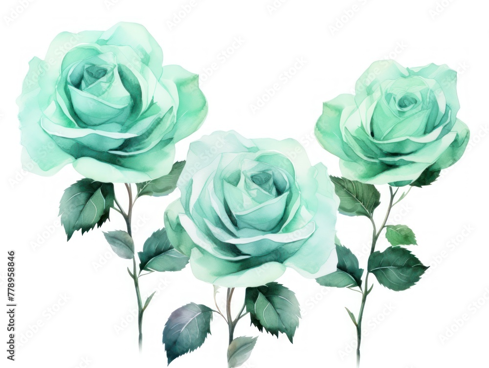 Mint Green roses watercolor clipart on white background, defined edges ...