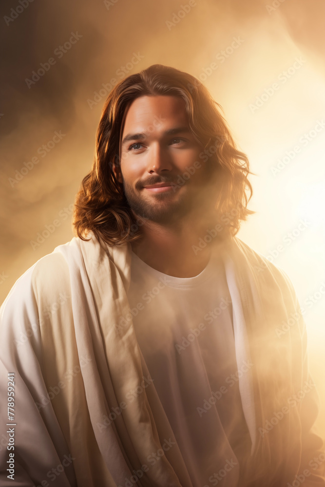Portrait of Jesus Christ in a epic cinematic fantasy glowing background ...