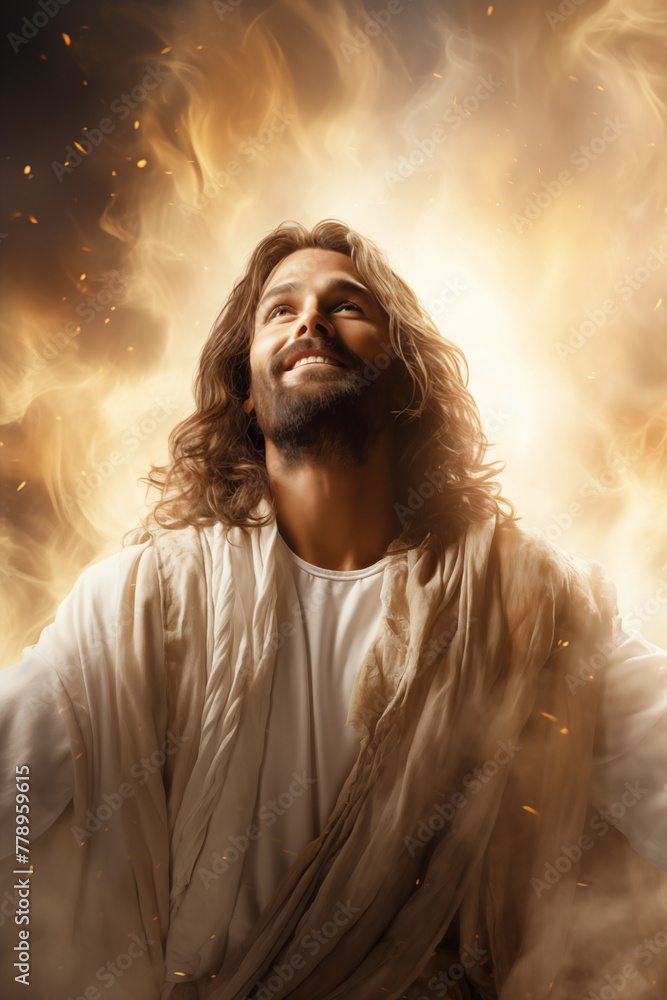 Portrait of Jesus Christ in a epic cinematic fantasy glowing background ...