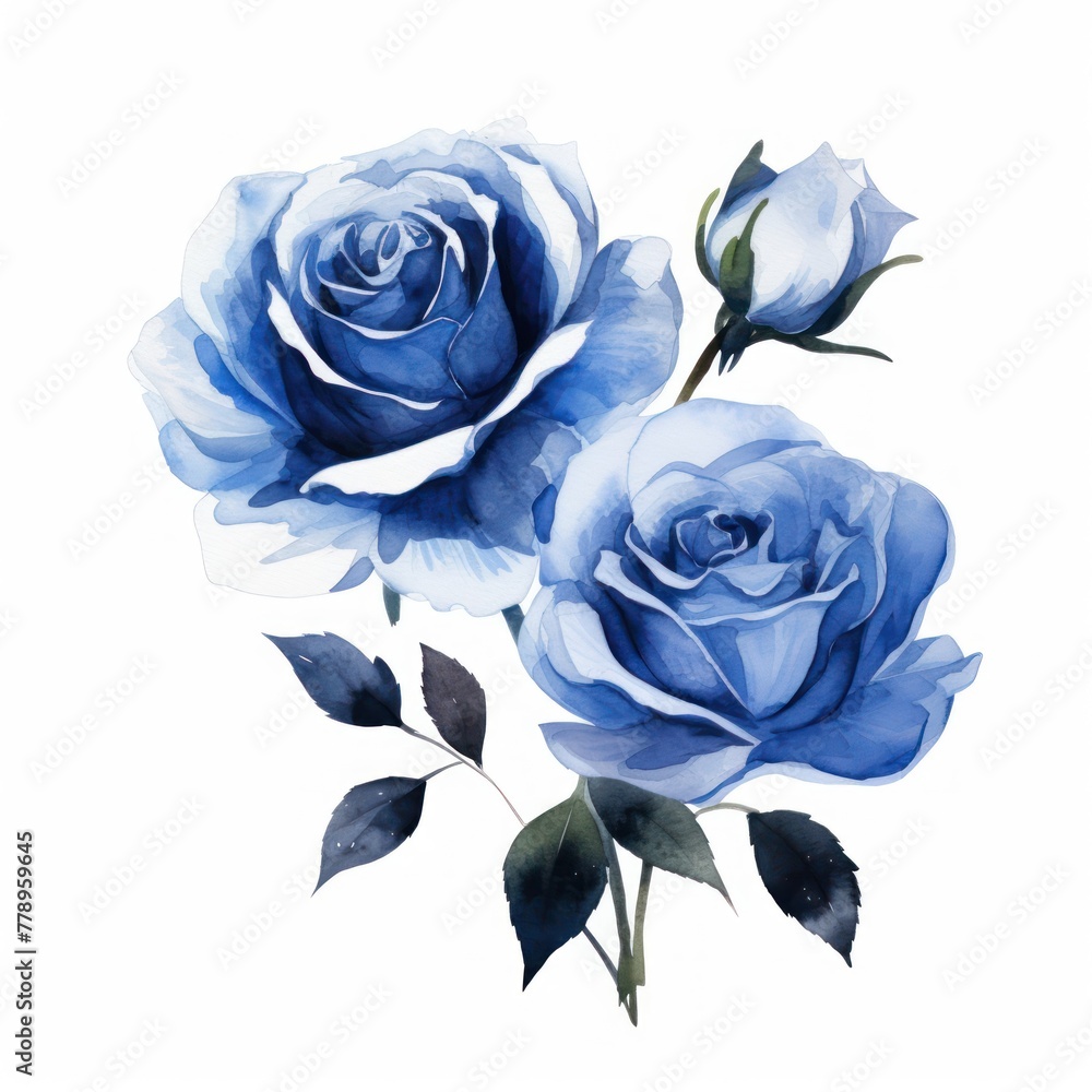 Navy Blue roses watercolor clipart on white background, defined edges ...