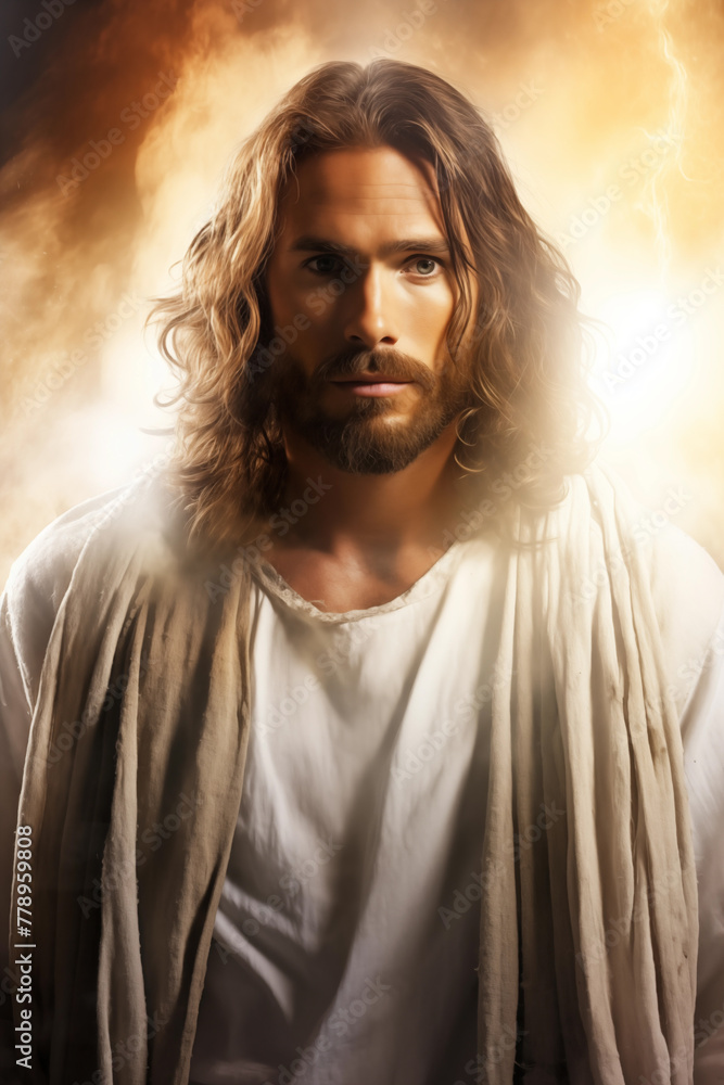 Portrait of Jesus Christ in a epic cinematic fantasy glowing background ...