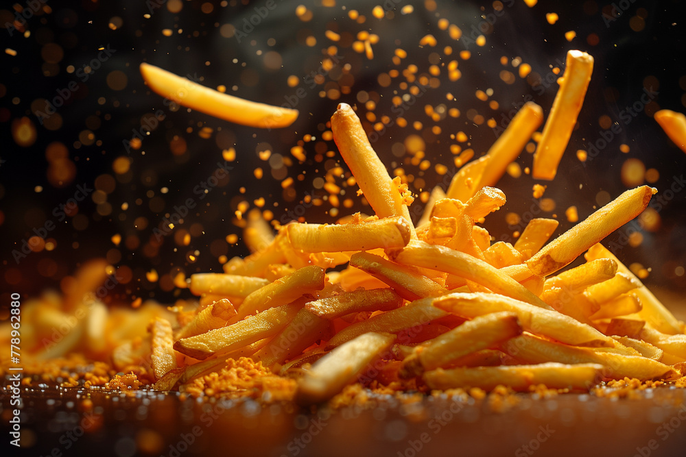 Crispy golden french fries tossed with salt, captured in mid-air with ...