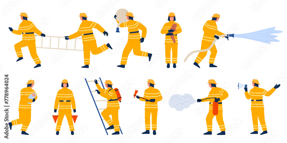 Firefighter characters with different firefighting equipment set ...