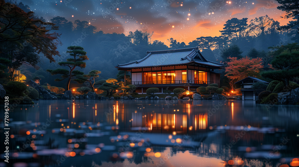 Traditional Japanese house illuminated at twilight with floating ...