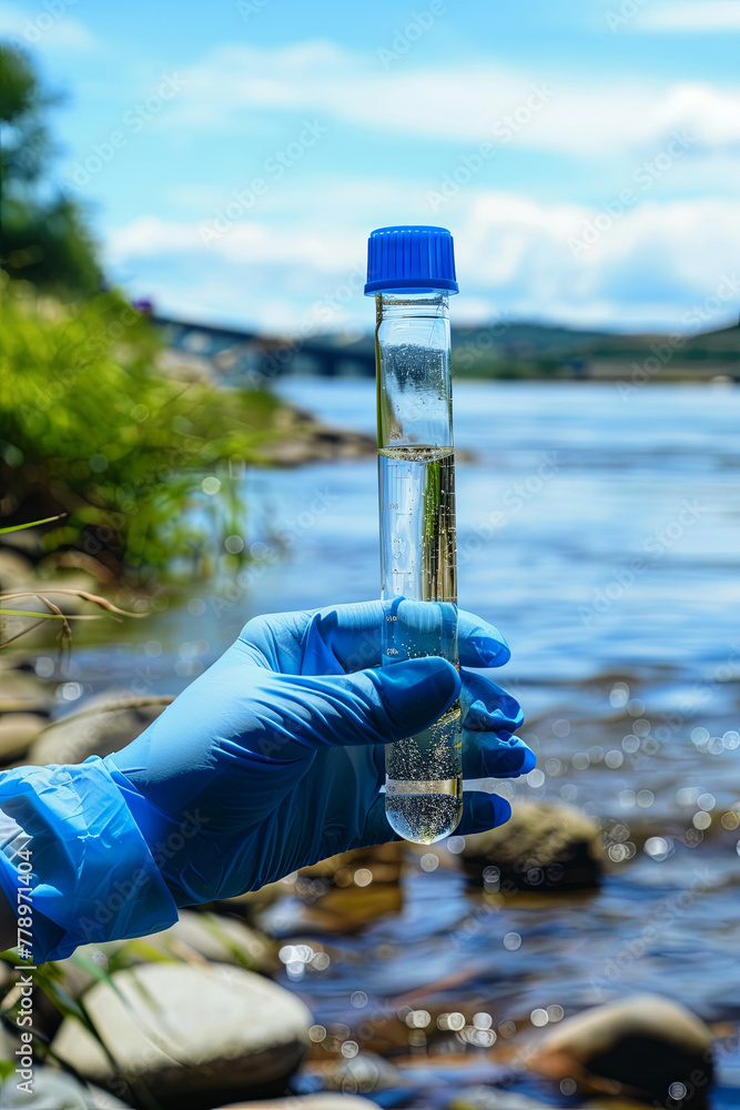 Fence, check the water sample for infections. Gloved hand with flask ...