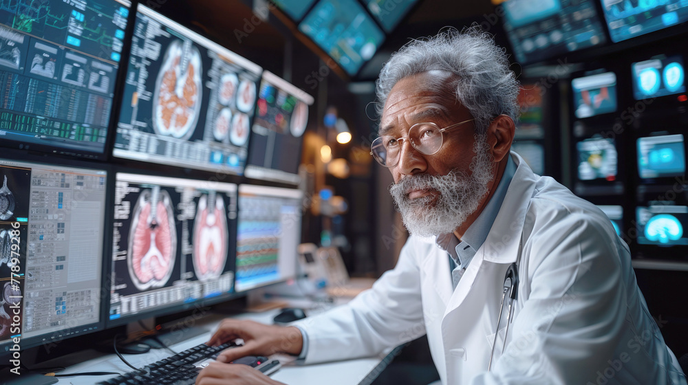 Portrait of a doctor examining MRI images of the head, results of ...