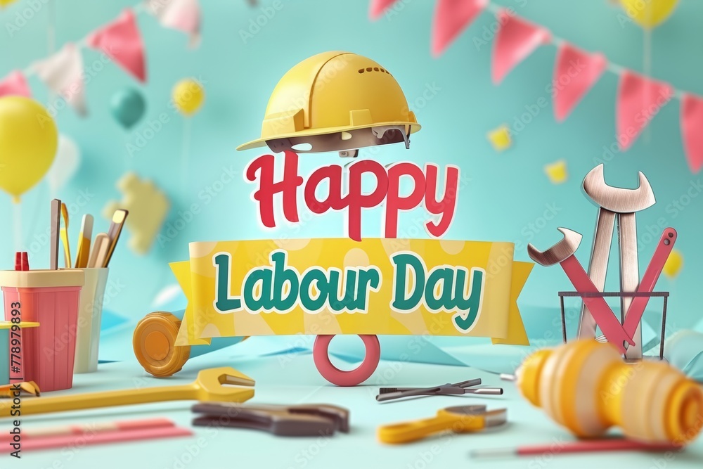 happy labour day, building hands holding tools like a wrench and pencil ...