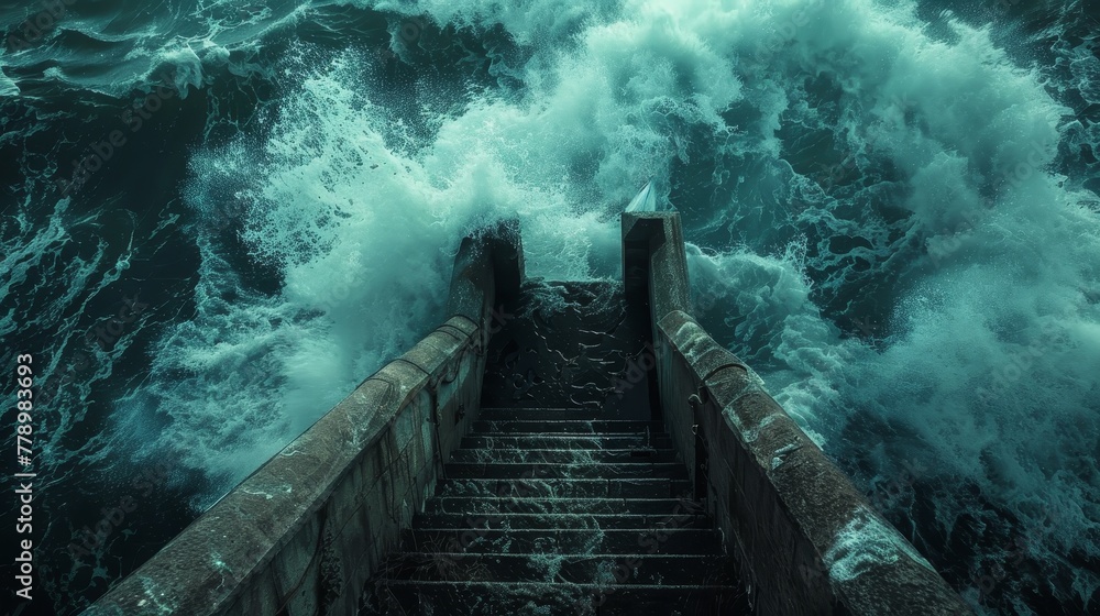 A staircase is shown in the midst of a large wave of water. Concept of ...