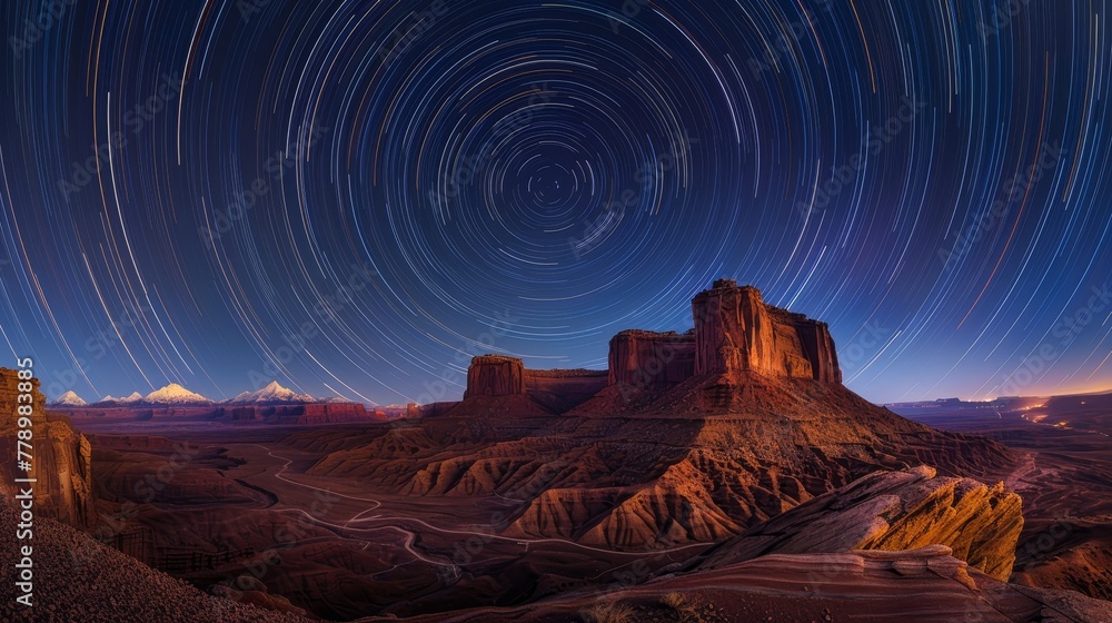 A starry night sky with a mountain in the background. The stars are ...