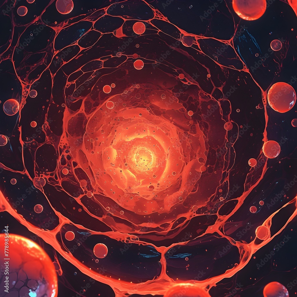 Aerial View of Chief Cells Releasing Glowing Red Pepsinogen Enzyme ...