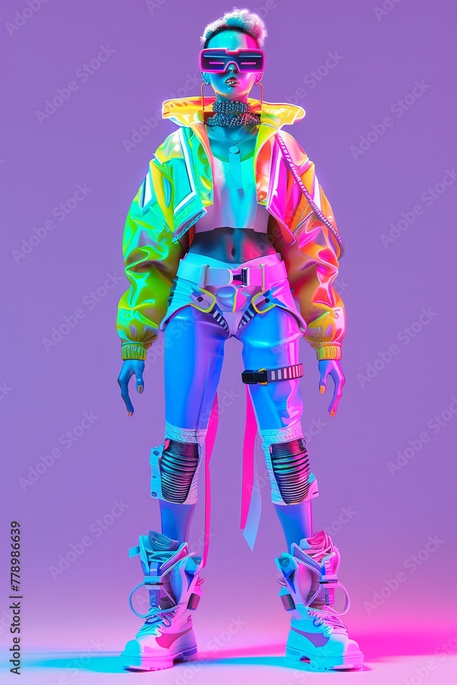 Design a stylized 3D character of a futuristic pop star with a dynamic ...