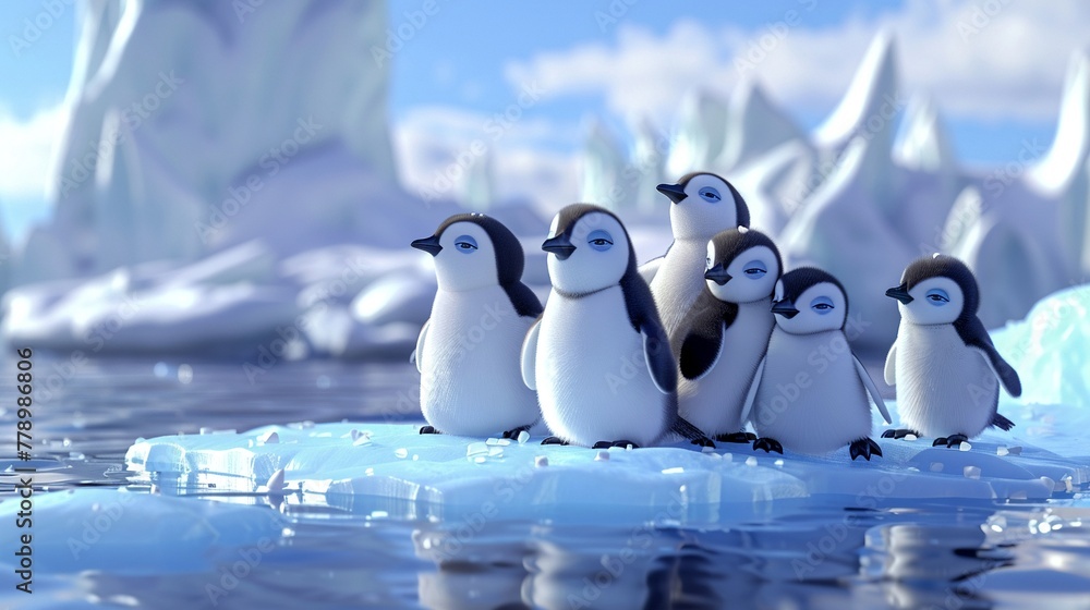 Create a 3D model of a group of animated baby penguins playing on a ...