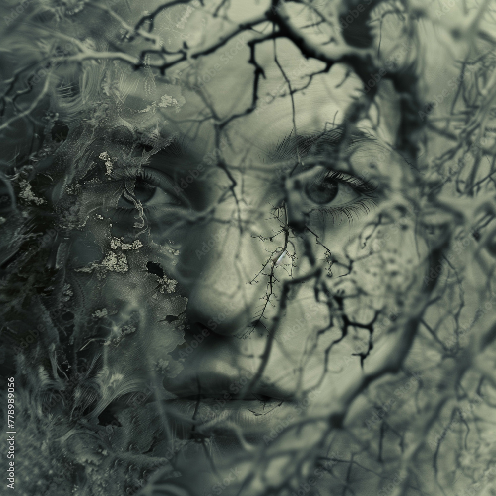 Artistic face obscured by a complex overlay of natural elements. Stock ...