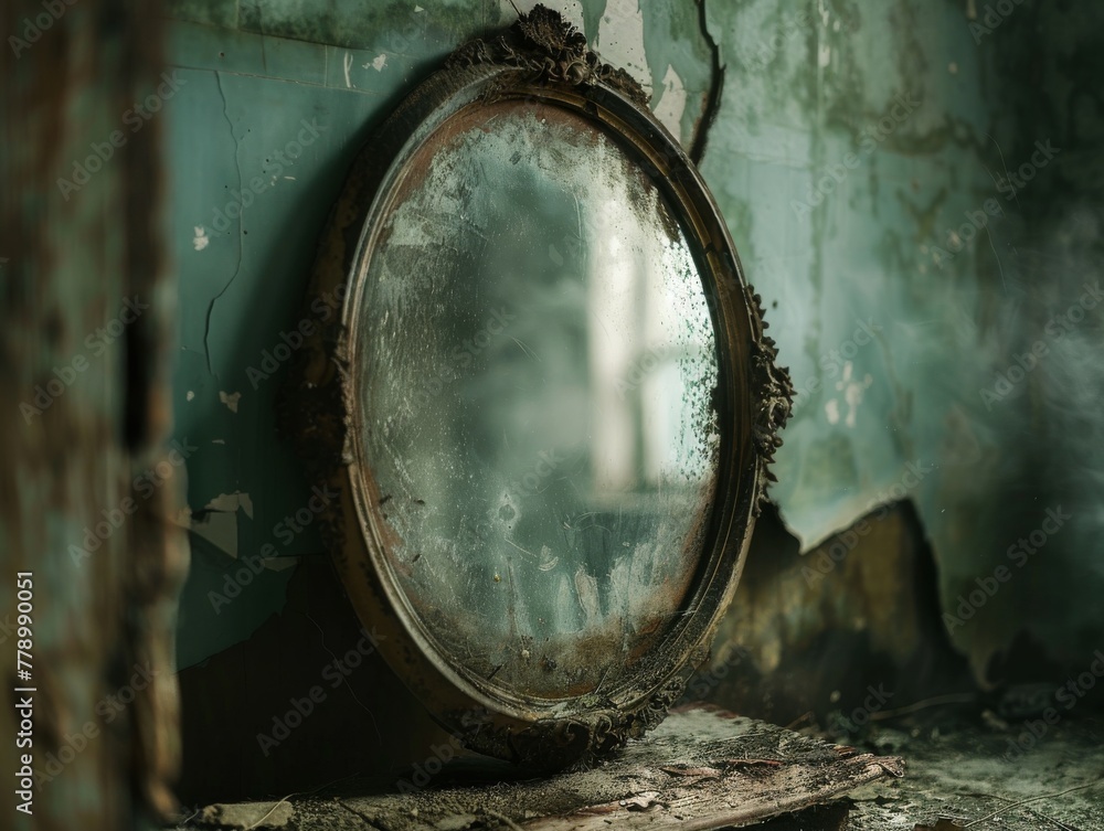An eerie close-up of a dusty mirror in an empty room, showing a ...