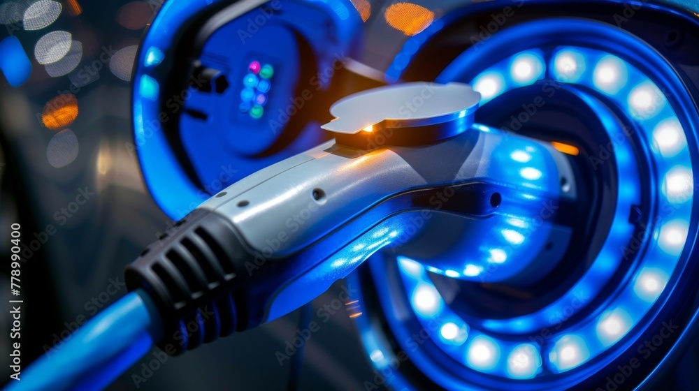 A futuristic sight unfolds as the electric vehicle charging plug locks ...