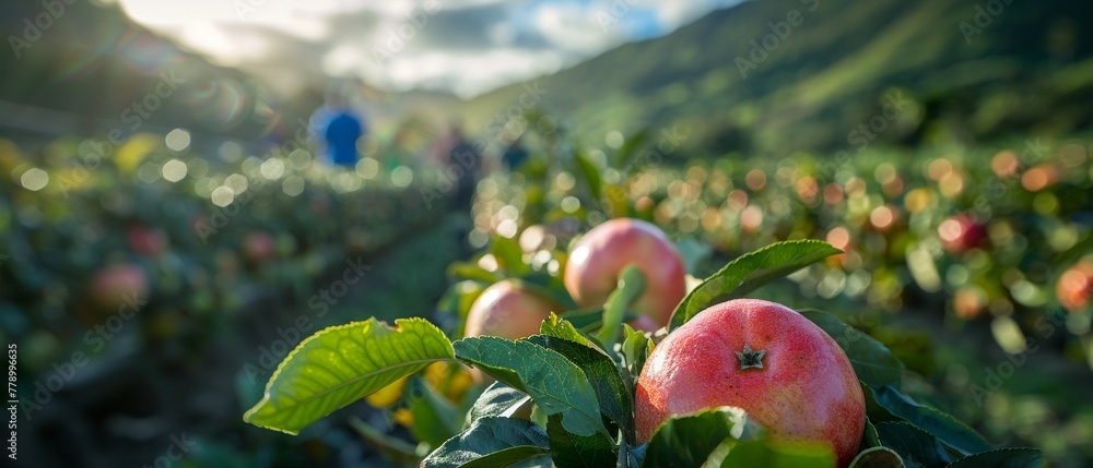 Tourists engaging in fruit picking activities, surrounded by the beauty ...