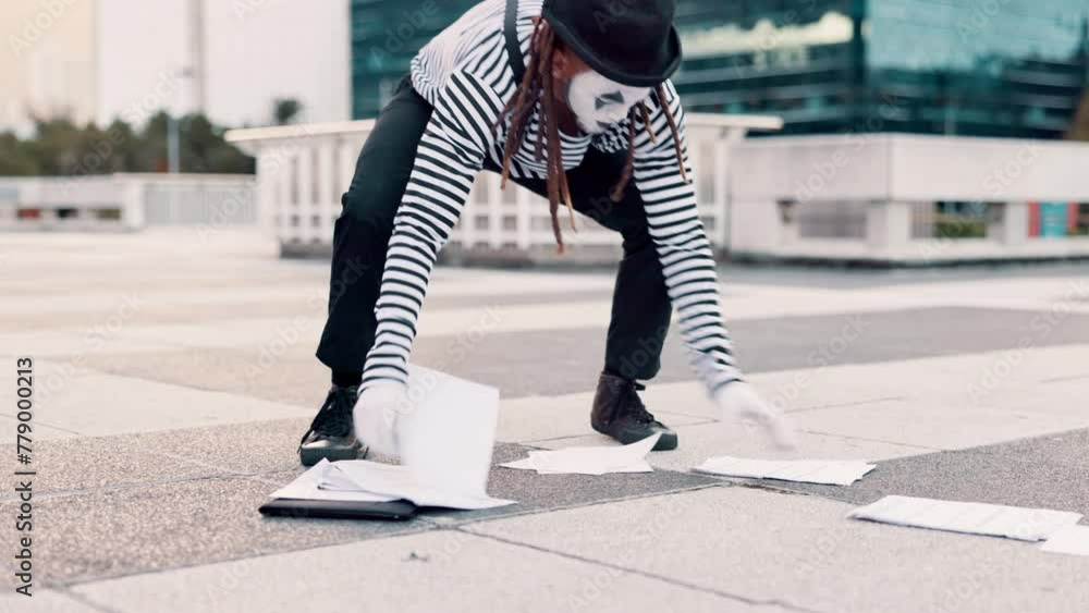 Man, walking and fall as street mime or performer with paper for circus ...