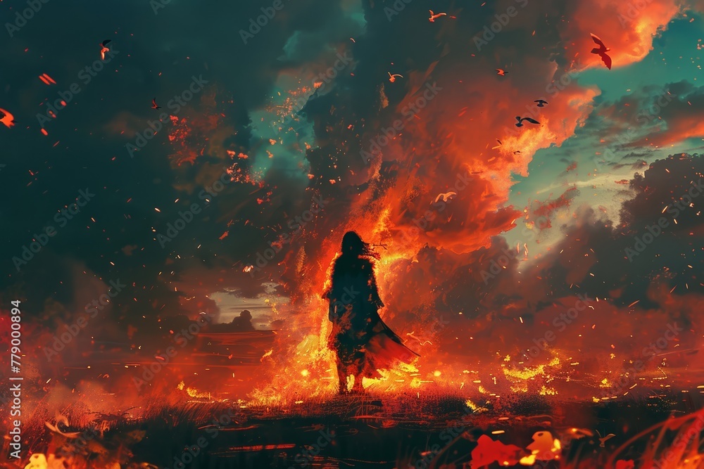 warrior woman standing on the ground of fire watching the spirits float ...