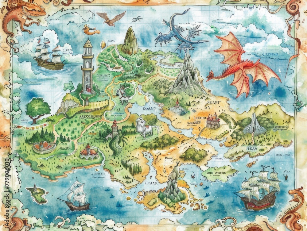 Watercolor illustration of a fantasy map, with mythical lands and ...