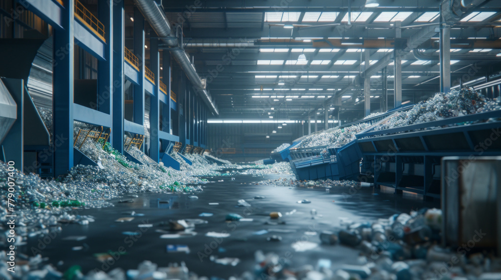A modern plastic recycling plant with sorting machines and shredders ...