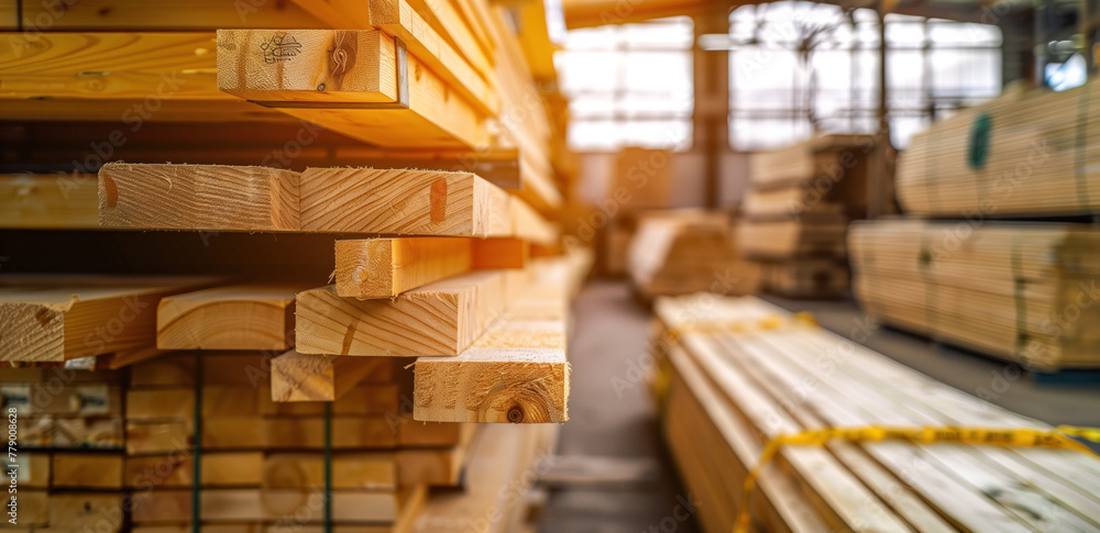 Description: Close-up view of neatly stacked timber planks in a ...
