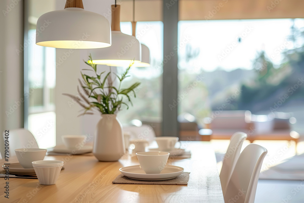White pendant light over the dining table, with a minimalist style and ...