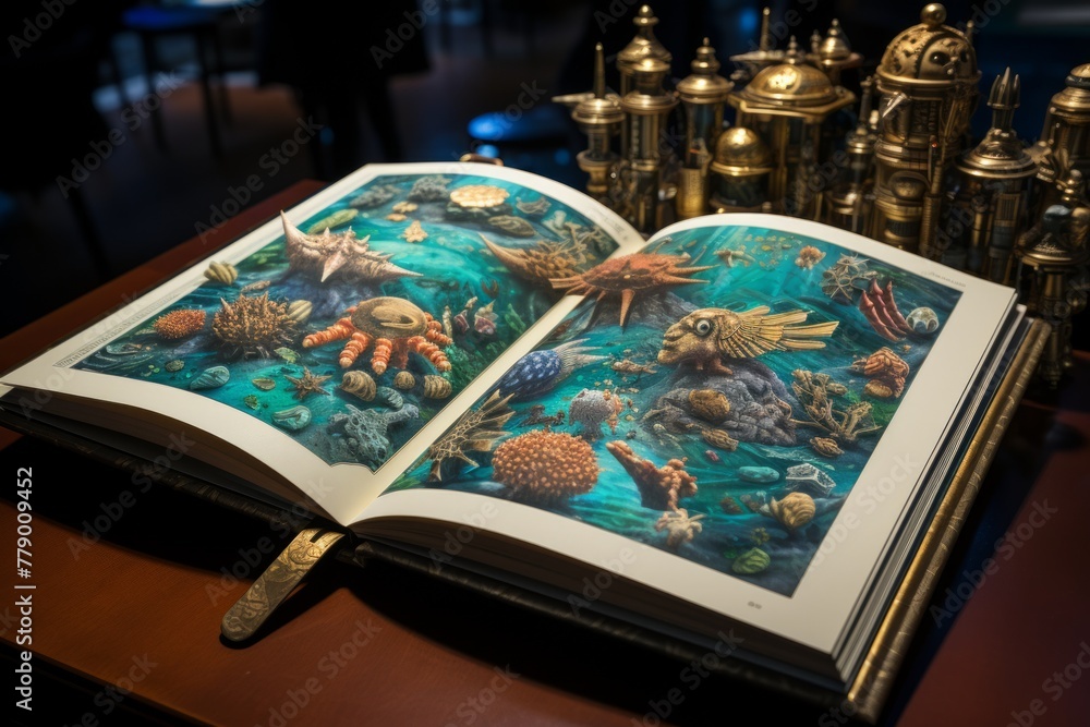An illustration of an open book displaying various species of sea ...